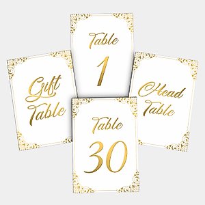 Gold Wedding Table Numbers 1-30 - Double Sided Gold Foil Table Number Cards 4x6 Inch with Head & Gift Table - Restaurant Table Numbers - Gold Table Numbers for Wedding Reception Table Signs