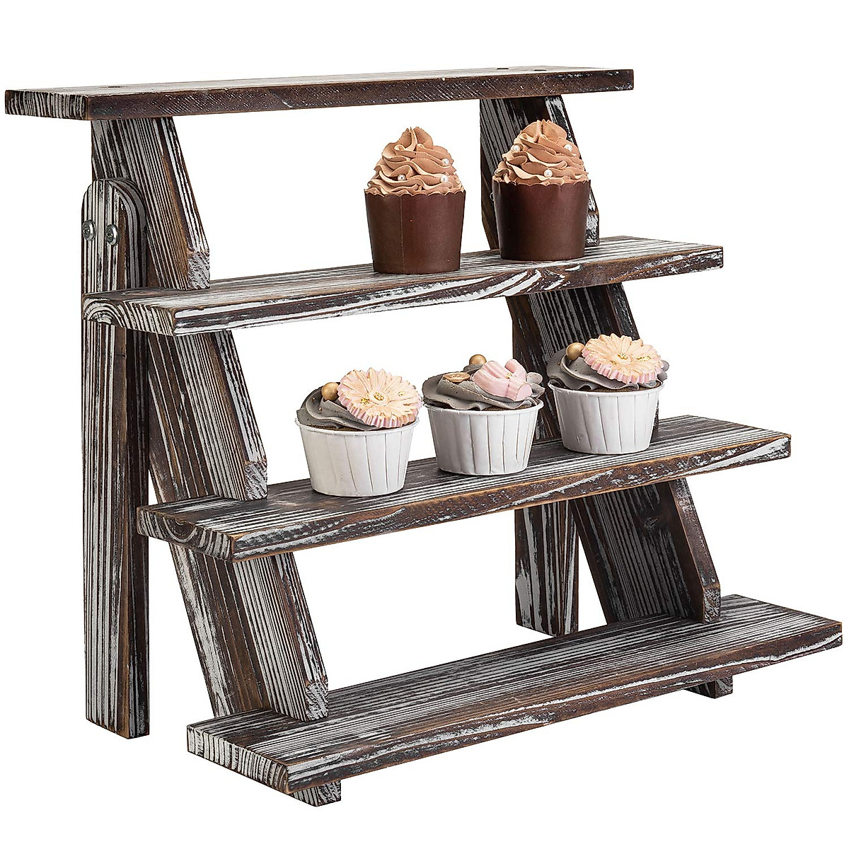 MyGift 4 Tier Cascading Torched Wood Kitchen Countertop Cupcake Bakery Retail Merchandise Display Riser Stand Rack