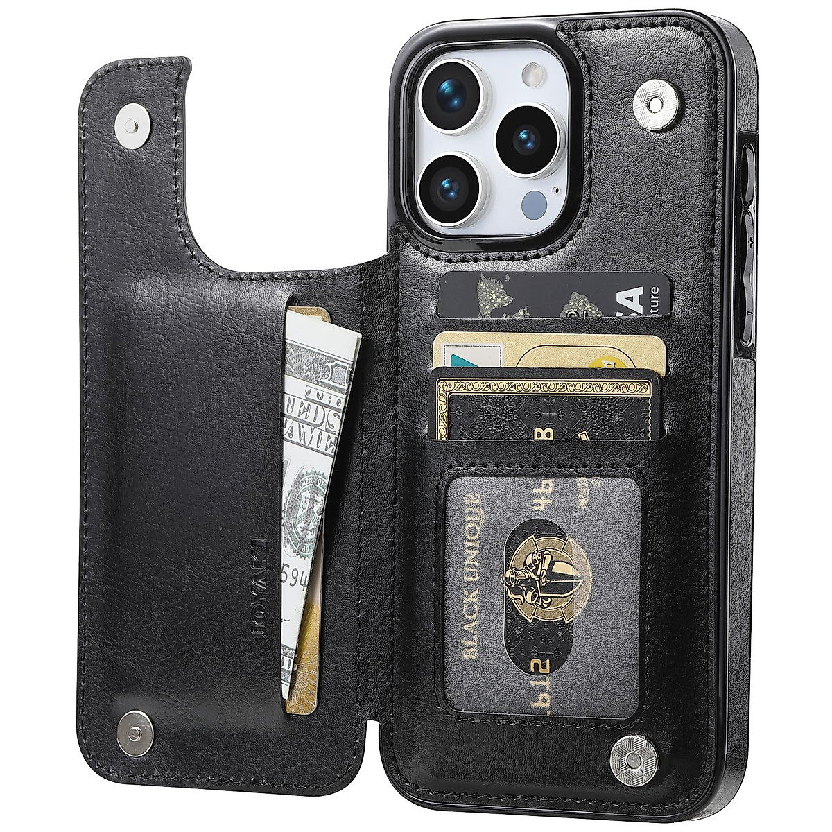 JOYAKI Wallet Case Compatible with iPhone 15 Pro Max(6.7"),Slim Protective case with Card Holder with 1 Screen Protective Glass,Premium PU Leather Kickstand Card Slots Case-Black