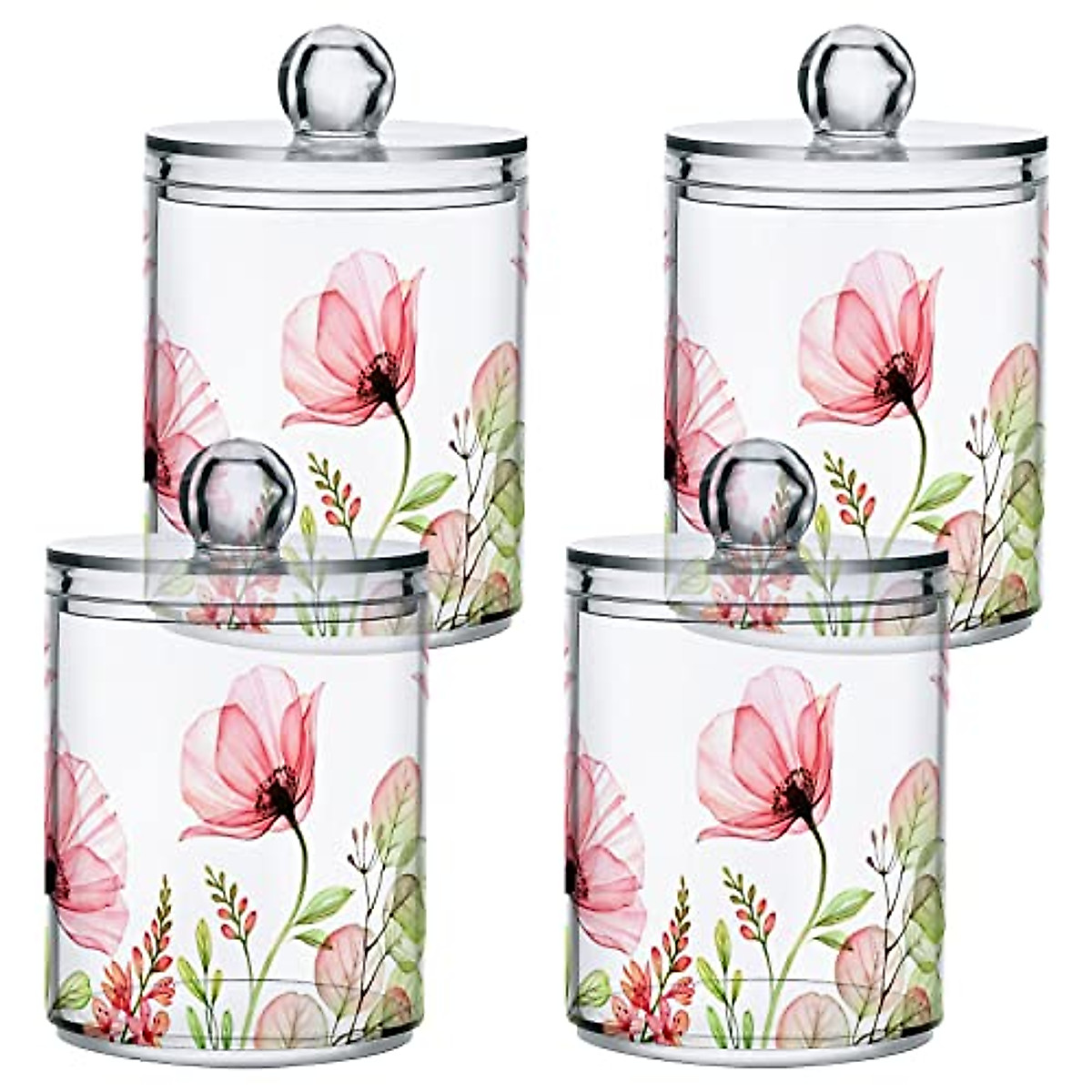 BOENLE 2 Pack Qtip Holder Dispenser Pink Rose Flwer Glass Floral Storage Canister Bathroom Acrylic Plastic Apothecary Jars Vanity Organizer Lid for Cotton Swab/Ball/Pad
