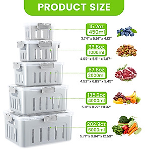 CINPIUK Fresh Contanier 5 Pack Food Containers Fruit Vegetable Produce Storage Saver Containers with Lid & Colander Kitchen Refrigerator Organizers Bins for Salad Berry Meat