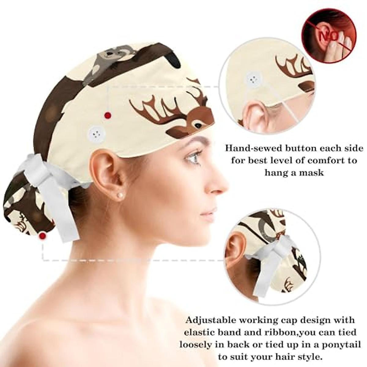 Scrub Surgical Hat,Cycling Hat with Buttons and Cotton Sweatband,Sloth and Owl Deer