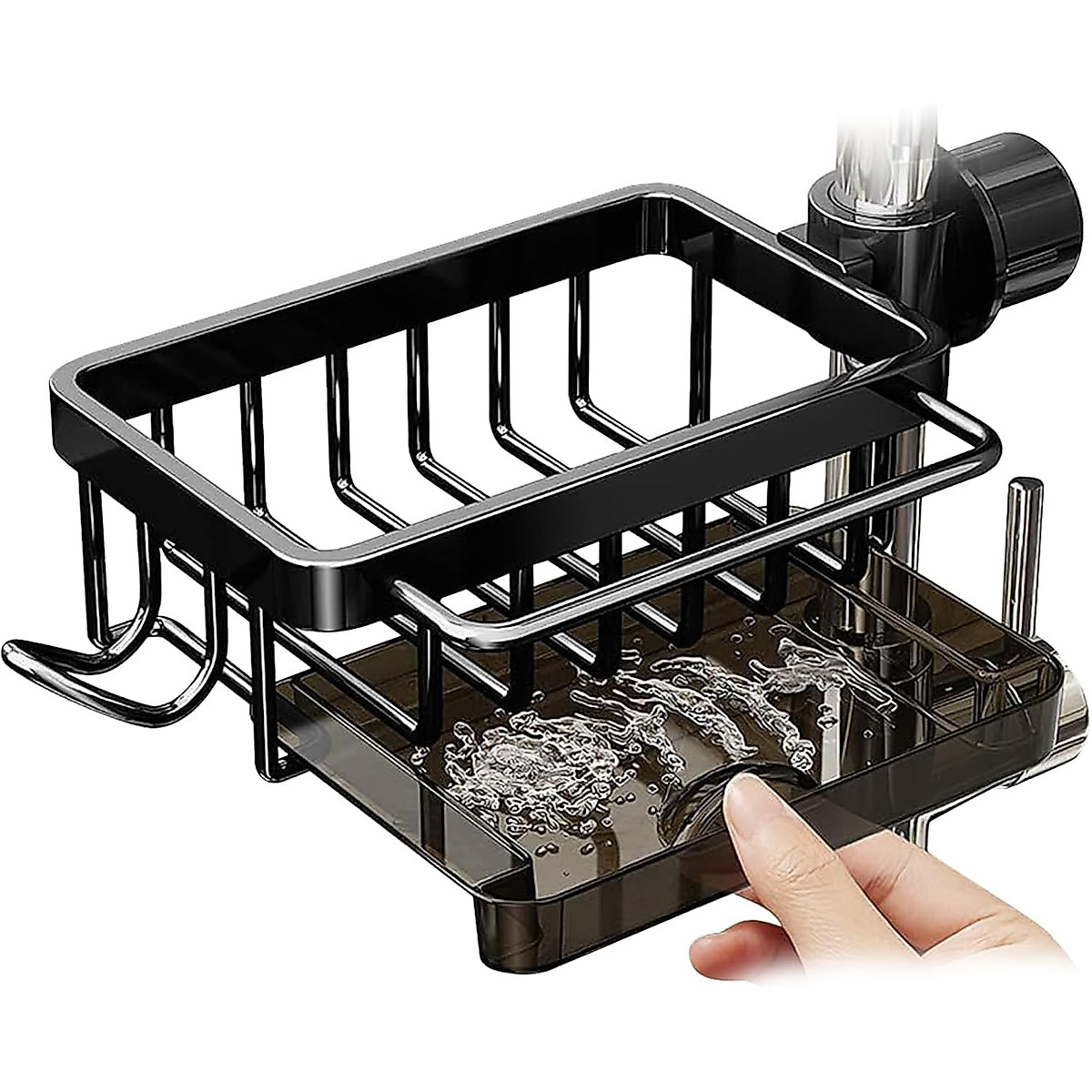 LACEEZEN Kitchen Sink Faucet Organizer with Drain Tray & Towel Rack, Rustproof Sponge Holder for Kitchen Sink, Sink Caddy Holder for Scrub Daddy, Scrubbers, Soap - For dia 0.78-1.14in Round Pipe, Left