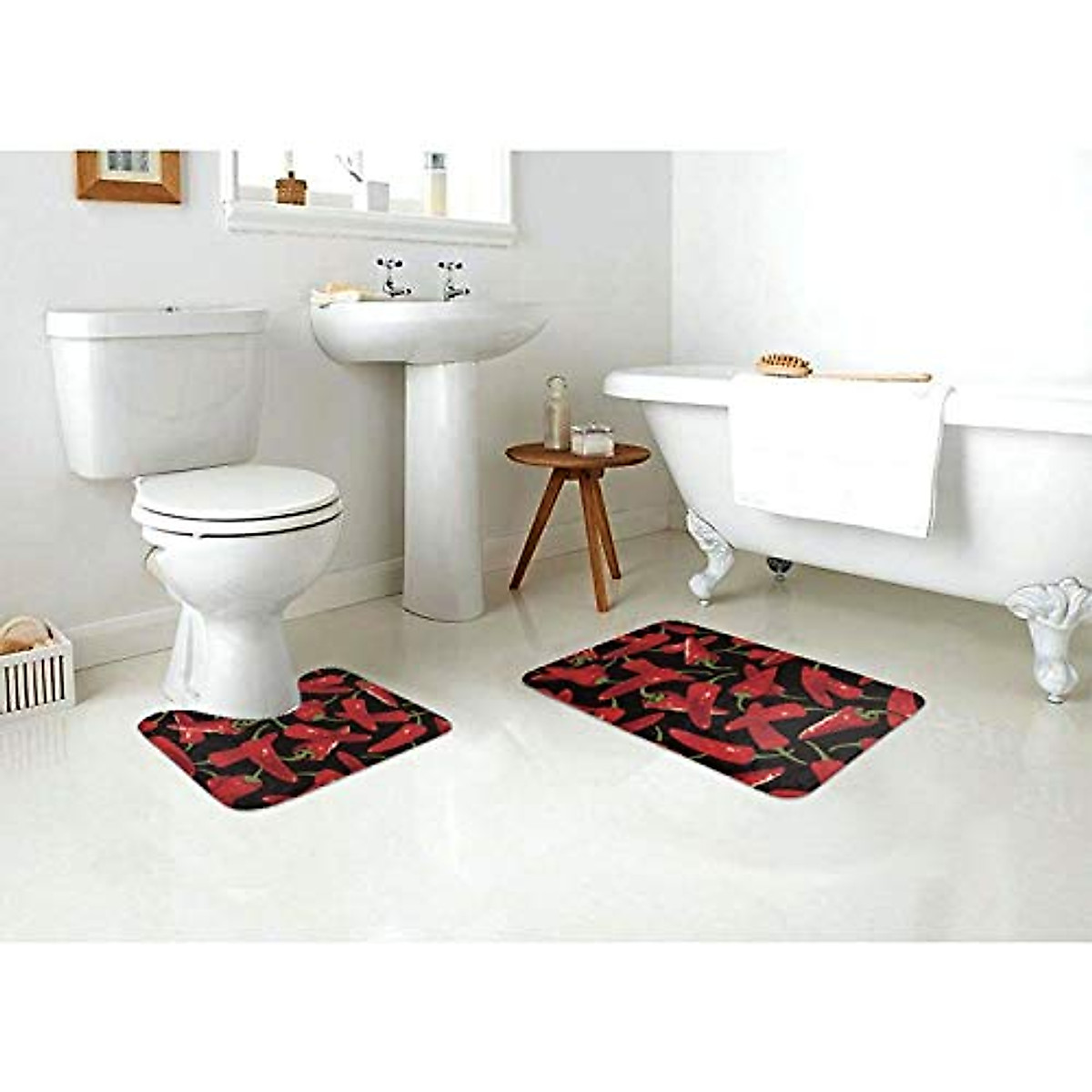 SWEET TANG Funny Bath Mats Rug Set 2 Piece for Bathroom Toilet Bathtub Decor, Non-Slip & Fast Dry Bath Floor Mat, Ultra Absorbent Memory Foam U-Shaped Contour Rugs Red Chili