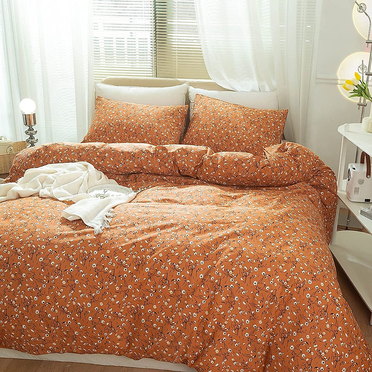 LifeTB Garden Style Orange Floral Duvet Cover King Boho Flower Botanical Bedding Sets Burnt Orange Pumpkin Color Comforter Cover 100% Cotton Floral Bedding Sets 1 King Duvet Cover with 2 Pillowcases