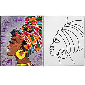 Indigo Art Studio Pre Drawn Canvas Paint Kit for Adults | Stenciled 12 Acrylic Paints, Smock, Brush, Pallet | Art Activity | Afro Retro | Birthday & Sip and Paint Twist Party Queen #4 (8x10 Inches)