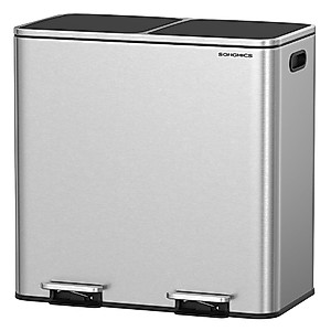 SONGMICS Trash Can, 2 x 10.6 Gallon (2 x 40 L) Garbage Can for Kitchen, with 15 Trash Bags, 2 Compartments, Plastic Inner Buckets and Hinged Lids, Airtight, Silver and Black ULTB730E80