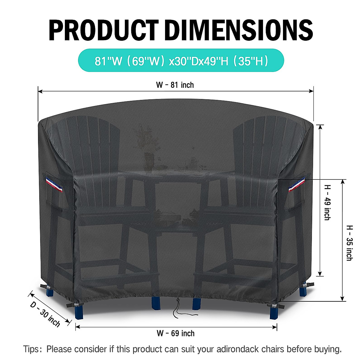 Fizentia Adirondack Chair Cover,Heavy Duty Cover for Tall Adirondack Chair Set of 2,Modern Wood Adirondack Chair Covers Waterproof,80" Wx30 Dx49 H,Black