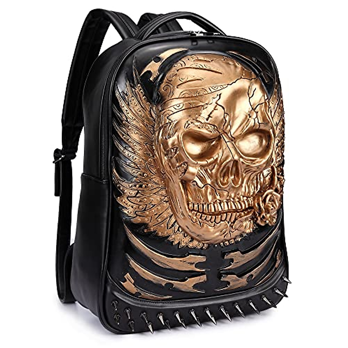 AIBAG 3D Skull Head Backpack, PU Leather Gothic Cracked Rivets Studded Cool Laptop Backpack Large College Bookbag, Gold