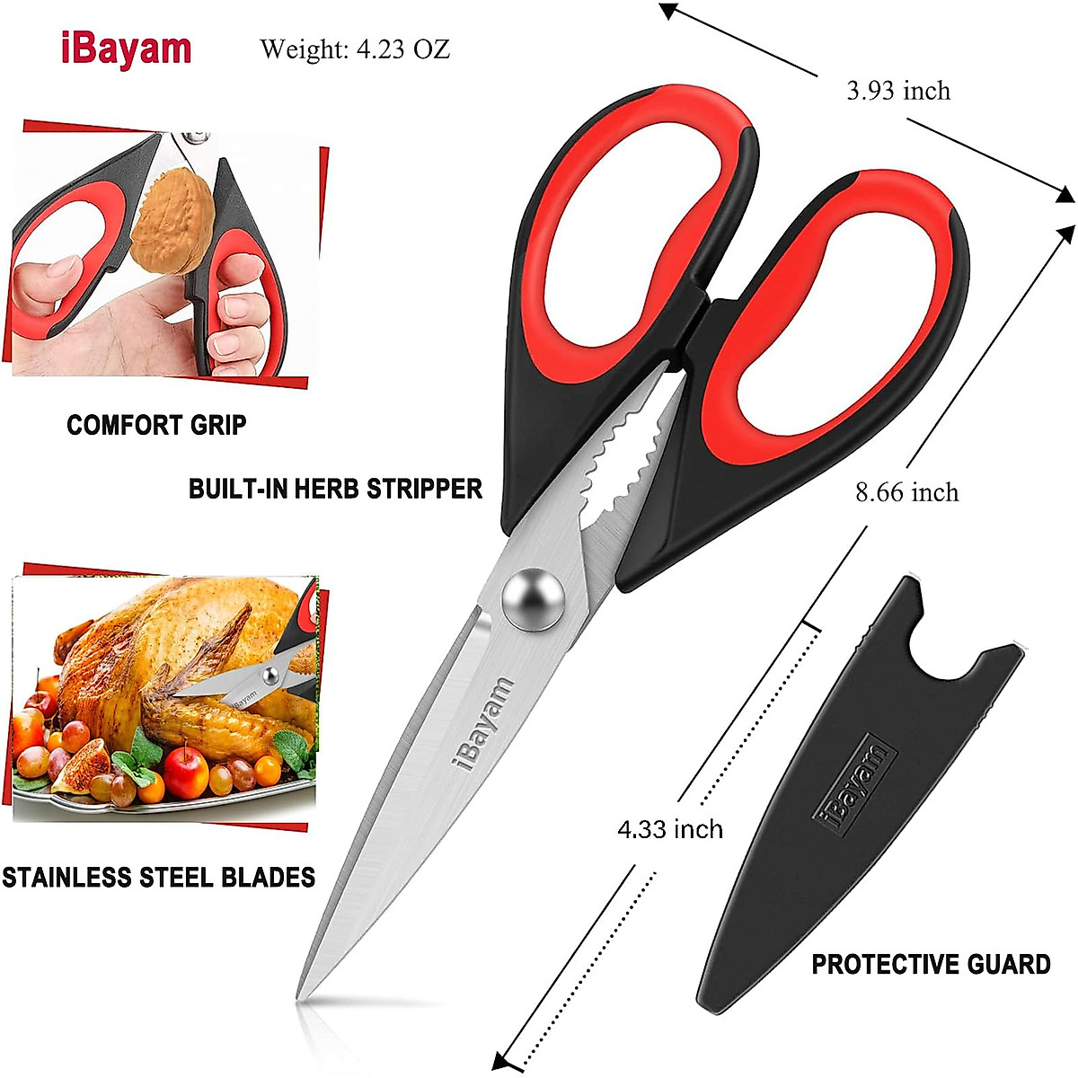 Kitchen Shears, iBayam Kitchen Scissors Heavy Duty Meat Scissors Poultry Shears, Dishwasher Safe Food Cooking Scissors All Purpose Stainless Steel Utility Scissors, 2-Pack (Black Red, Black Gray)