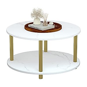 Round Coffee Table for Living Room，31.5’’ 2 Tier Modern Gold Coffee Table with Open Storage Shelf,Gold Metal Legs and White Faux Marble Table Top
