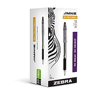 Zebra Pen Jimnie Roller Ball Stick Gel Pen, Black Ink, Medium, 24 per Pack (14410)