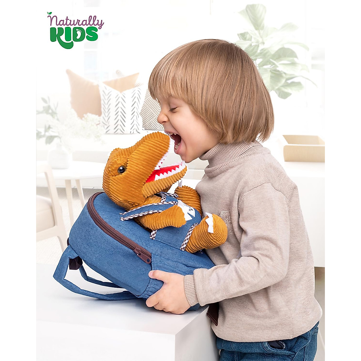Naturally KIDS Small Dinosaur Backpack - Dinosaur Toys for Kids 3-5 - Toddler Backpack for Boy Girl w Stuffed Animal - Gifts for 3 Year Old Boy - w Pockets & Reflective Logo - Backpack w Brown T Rex