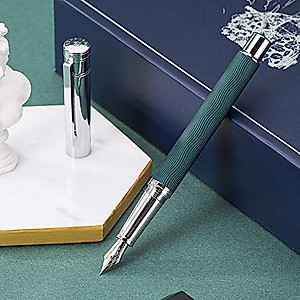 Hongdian 1843 Navigator Fountain Pen Fine Nib Solid Metal, Green Ripple Pattern with Refillable Converter and Metal Pen Case