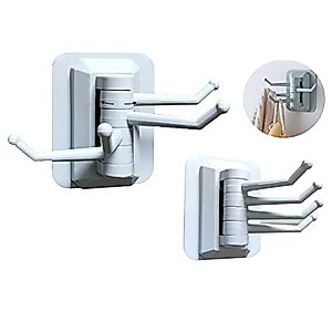 Fineget Wall Hooks for Hanging Towel Adhesive Bathroom Kitchen Hooks 4 Rotatable Arms Rectangle Sticky Hooks Grey 2 Pairs