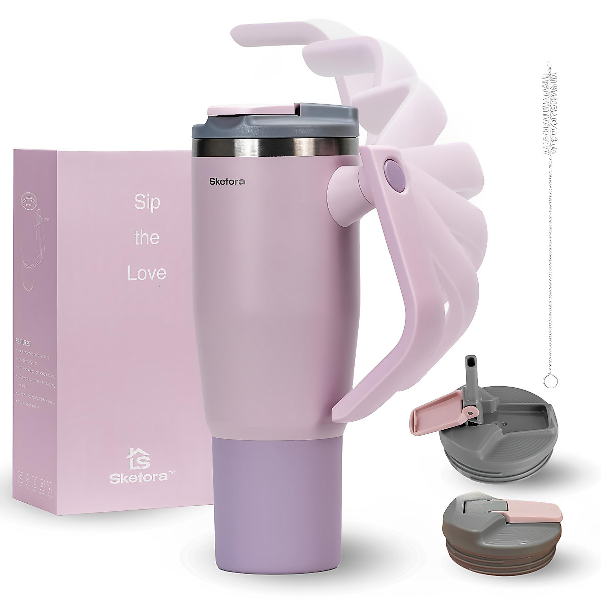 SKETORA 32oz Insulated Tumbler with Rotatable Handle and Flip Straw Lid - Stainless Steel Travel Mug for Hot & Cold Drinks, Soft Lavender