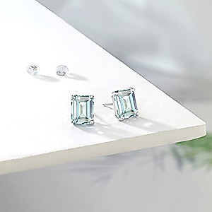 Gem Stone King 14K White Gold Gemstone Birthstone Stud Earrings | Emerald Cut 10X8MM | Gold Earrings for Women