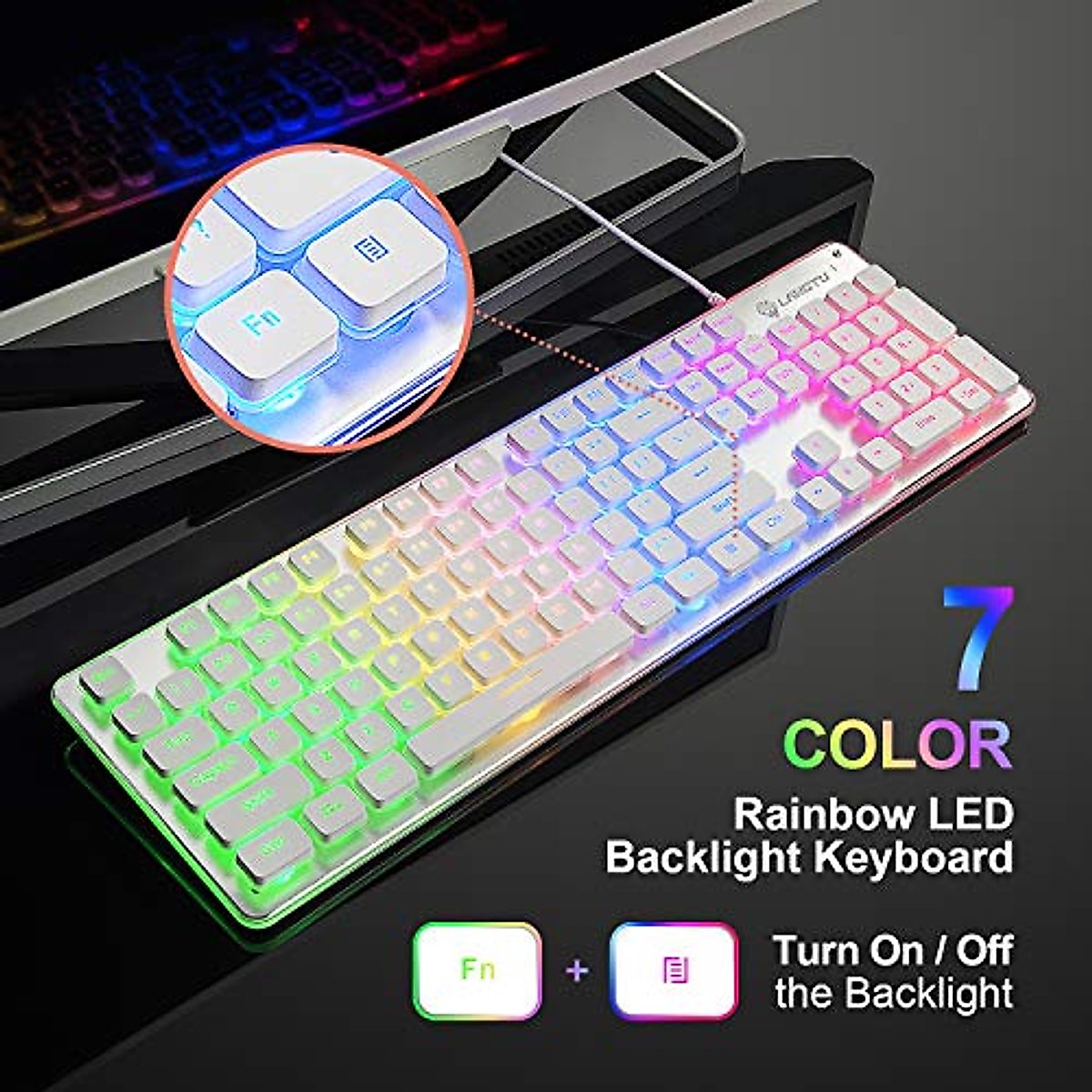 LANGTU Membrane Gaming Keyboard, Rainbow LED Backlit Quiet Keyboard for Office, USB Wired All-Metal Panel 25 Keys Anti-ghosting Computer Keyboard 104 Keys - L1 White/Silver…