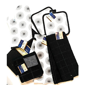 Black and White Burst Kitchen Towel Set with 2 Quilted Pot Holders, 2 Towels, Oven Mitt, 2 Microfiber Scrubbing Dish Cloths, Drying Mat