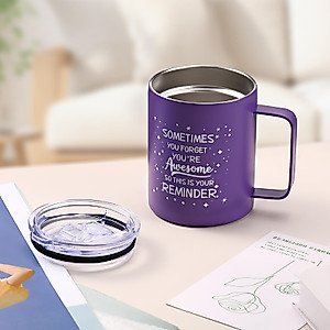 Inspirational Gifts for Women, Sometimes You Forget You're Awesome Coffee Mug, Thank You Gifts Mothers Day Gifts, Birthday, Teacher Appreciation Gifts,14 Oz Insulated Coffee Cup with Lid - Purple
