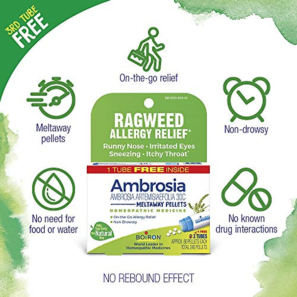 Boiron Ambrosia 30C Homeopathic Medicine for Relief from Allergy Symptoms of Sneezing, Runny Nose, Irritated Eyes, and Itchy Throat or Nose - 3 Count (240 Pellets)