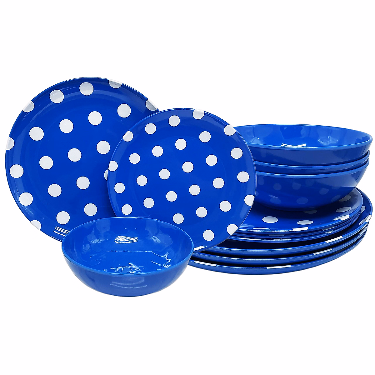 ITALIA Quality 12pcs 11" Melamine dinner set Blue Polka Dot 4pcs bowl+4pcs dinner plate+4pcs salad plate