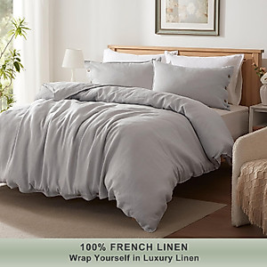 TOSMO 100% Linen Duvet Cover Set with Button Closure, 3 Pieces (1 Duvet Cover with 2 Pillowcases), Soft Breathable Durable Farmhouse Bedding - King, Soft Grey