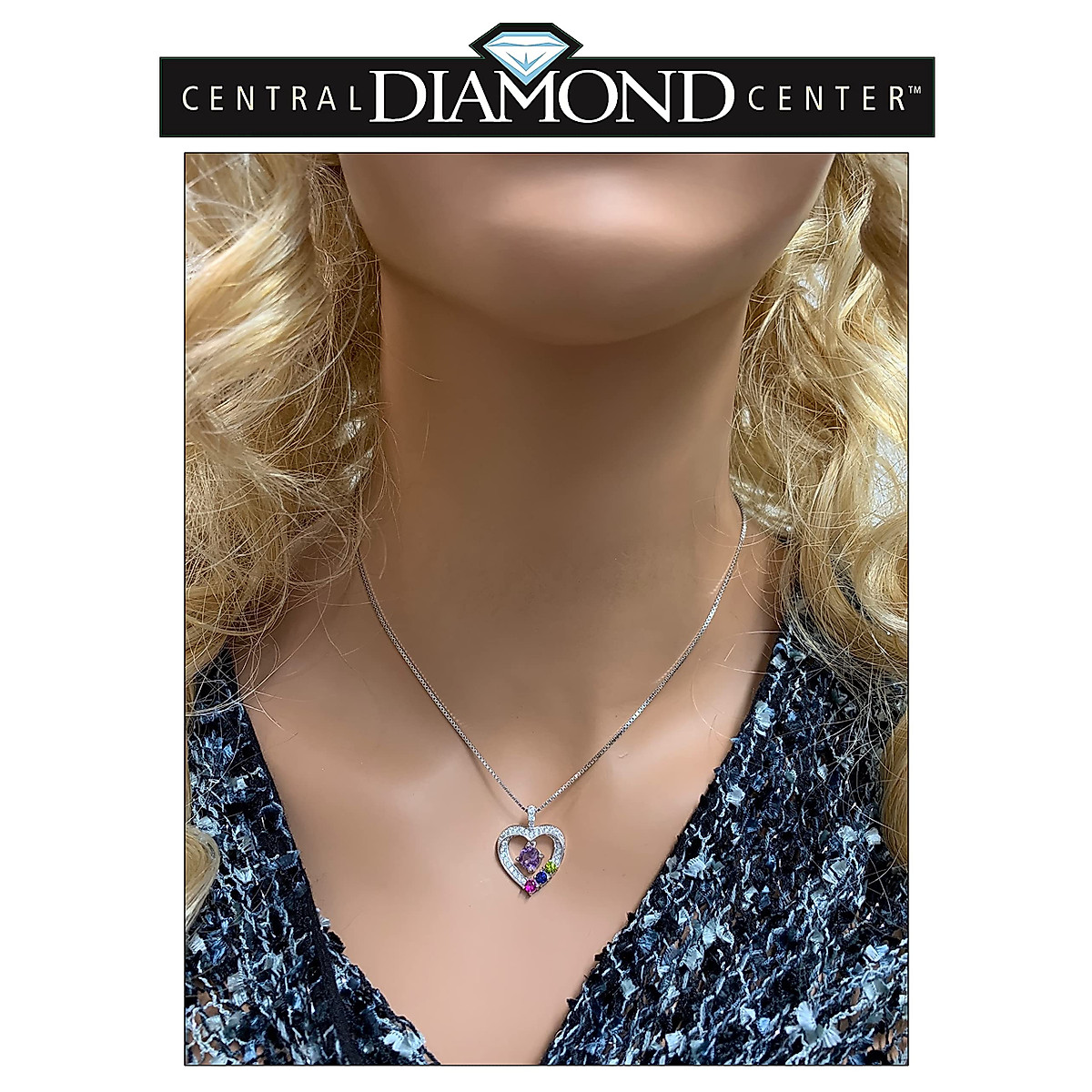 Central Diamond Center Mother & Child Heart Birthstone Necklace 1-6 Stones w/ 22" Adj. Box Chain -Silver Platinum Plated