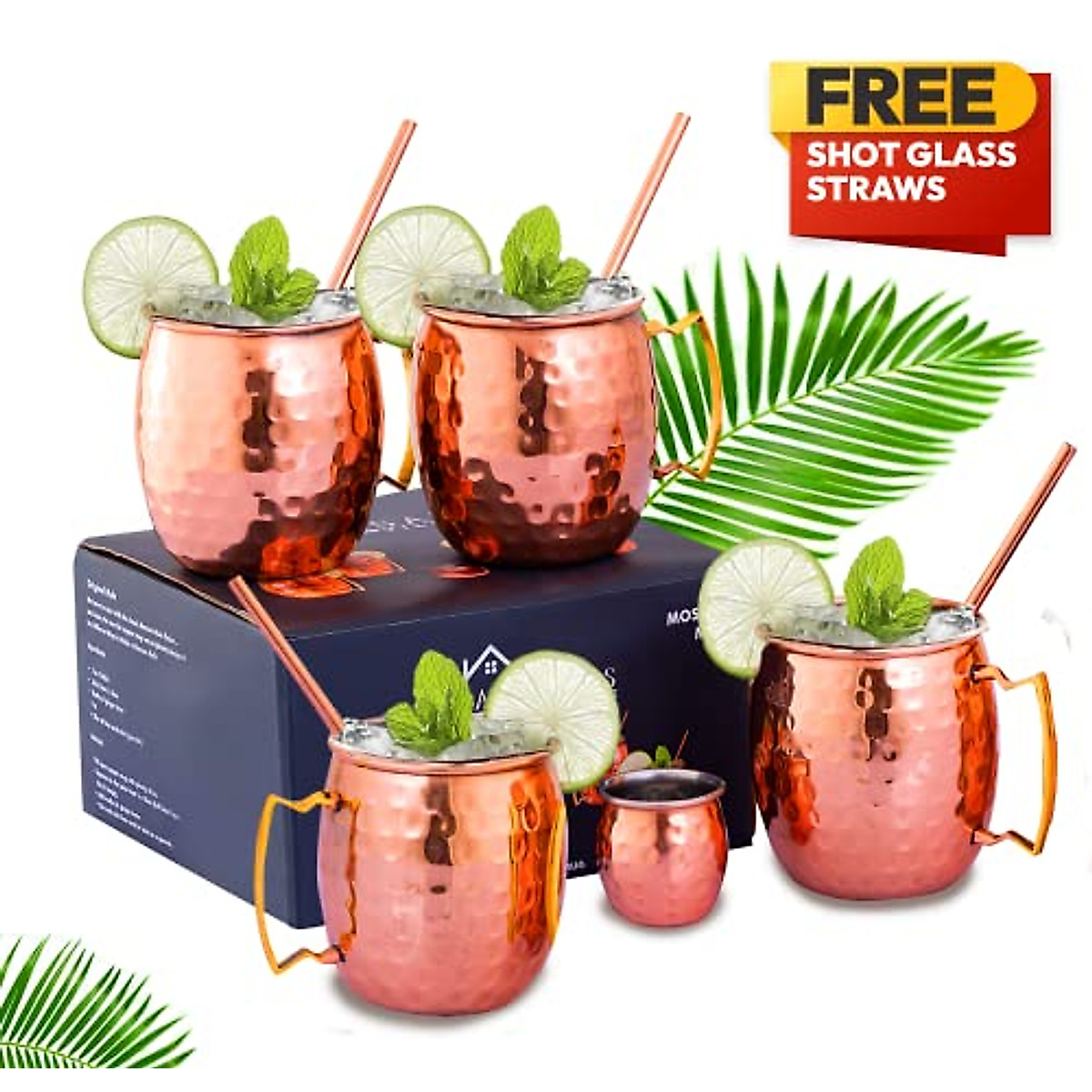 ARTISANS VILLAGE Moscow Mule Mugs | Set of 4 | Stainless Steel Lining | Pure Copper Plating | 100% Handcrafted Hammered Cups | Size 16 oz | With Premium Straws and Shot Glass