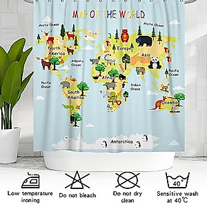 Animal World Map Children's Shower Curtain Fun Cartoon Educational Tools Plants Marine Waterproof Fabric Bathroom 72 X 72 Inches with Hooks…