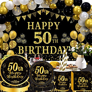50th Birthday Party Supplies, 50th Birthday Party Tableware Include 50th Birthday Party Plates, Napkins, Cups Straws for Men and Women 50th Birthday Party Decorations Serves 16 Guests