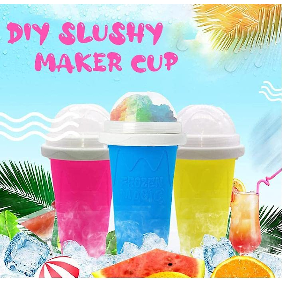 Slushy Cup – 10.6 x 20.6 cm Slushy Maker Cup with Lids & 2 in 1 Straw and Spoon – Quick Ice Maker Cup for Kids & Adults, Summer Homemade DIY Smoothies Slushy Maker Cup - 400 ml (Blue)