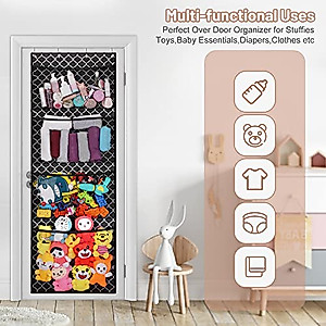 KOHUIJOO Stuffed Animal Storage, Stuffed Animal Holder, Over Door Hanging Mesh Storage Organizer Net Bags for Stuffed Animals Baby Toy Plush Storage for Nursery and Kids Room with Support Rods(Black)