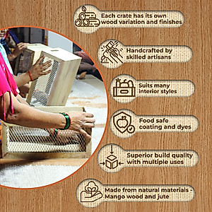 LoadedSpoon Potato and Onion Storage Bin – Garlic Storage, Handcrafted Farmhouse Kitchen Wooden Crate Box, 3 pk Jute Vegetable Storage Bags, Onion and Potato Storage for Pantry or Countertop (White)