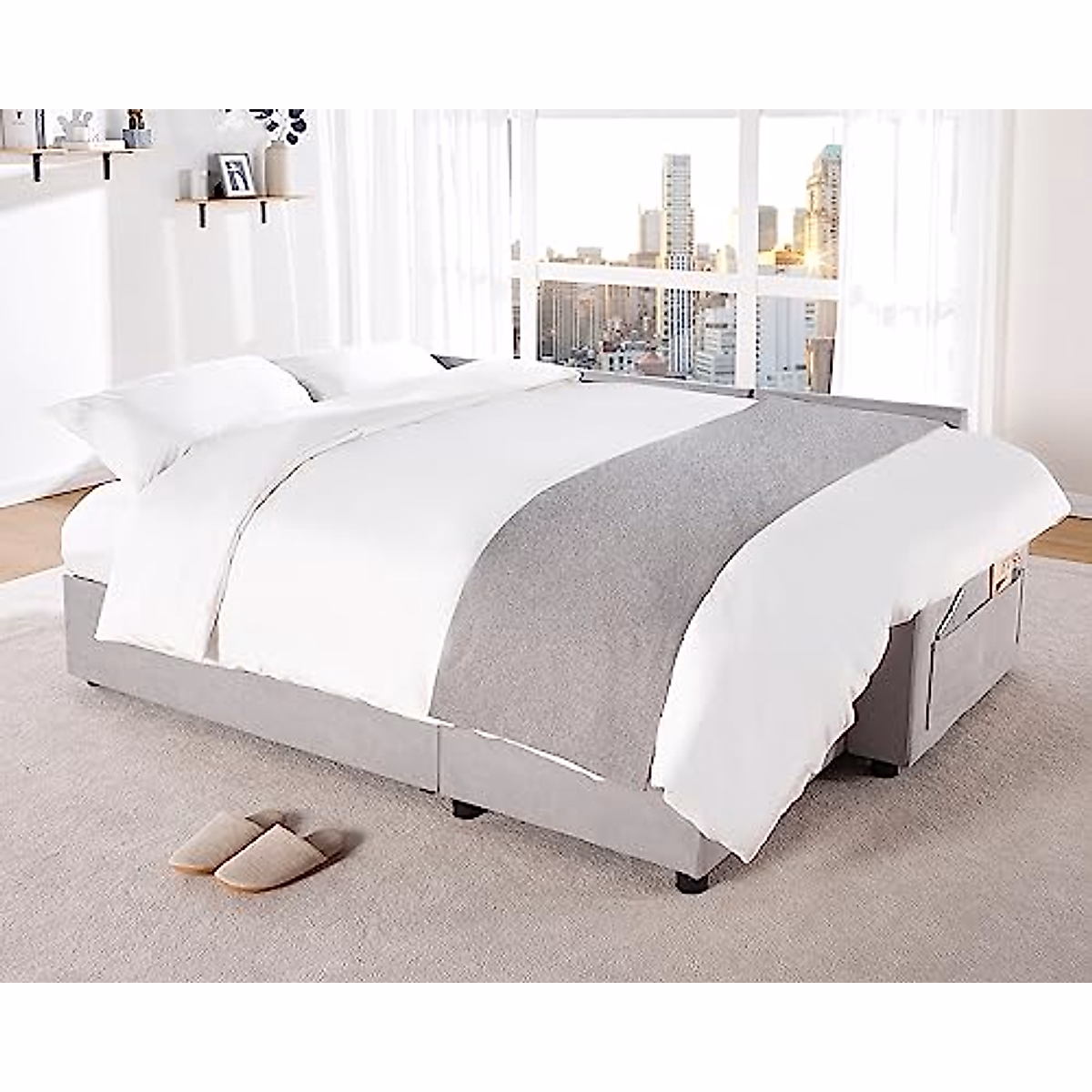 VanAcc Sleeper Sofa, Modern Tufted Convertible Sofa Bed, USB Charging Ports & Cup Holders, L Shaped Sofa Couch with Storage Chaise, Chenille Couches for Living Room (Light Grey)