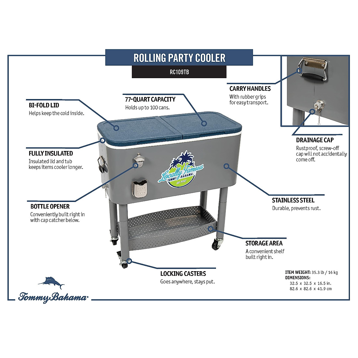 Tommy Bahama 77 Quart Rolling Stainless Steel Cooler with Wheels