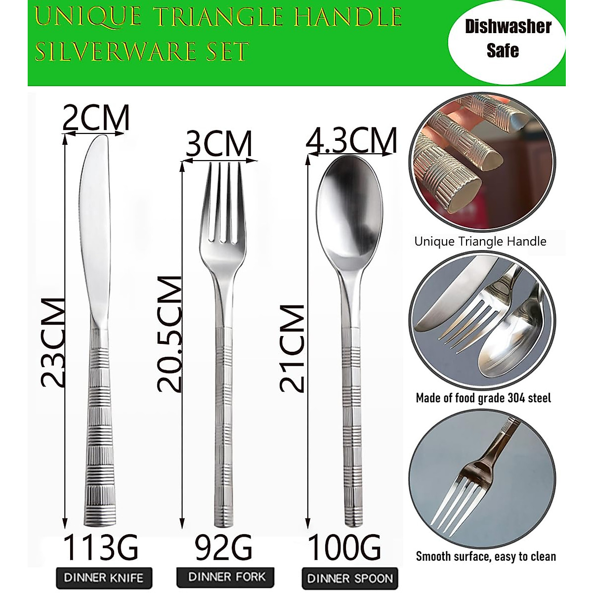 Thomaso 12-piece Hammered Silverware Set,Creative Triangle Handle Titanium Plating Stainless Steel Flatware Service for 4, Silver Spoons and Forks Set,Unique Triangle Cutlery Set, Dishwasher Safe