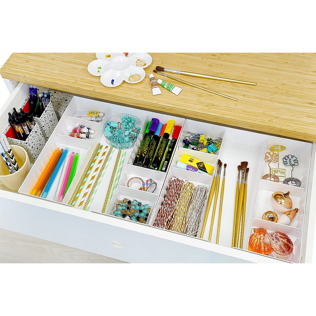 CAXXA 3 Slot Drawer Organizer with 4 Adjustable Dividers - Junk Drawer Storage for Makeup & Vanity, Office Desk Supplies and Accessories (WHITE, 1 PACK)