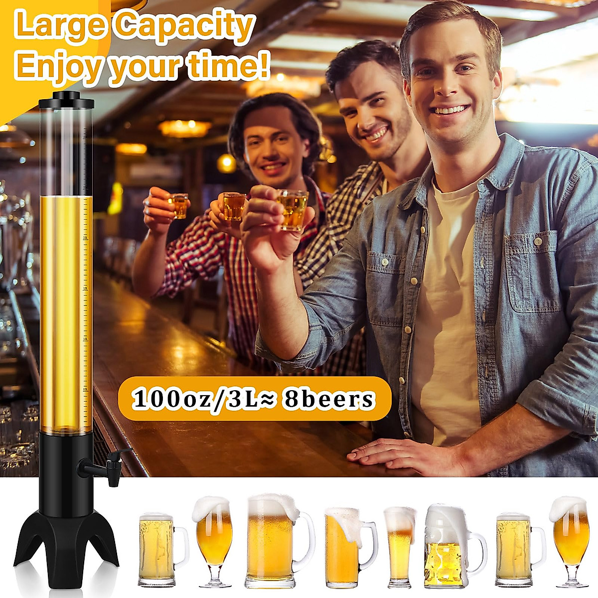 2 Pack Beer Dispenser 3 Liter/ 100oz Beverage Tower Dispenser Clear Tabletop Liquor Juice Margarita Drink Tower Dispenser with Removable Ice Tube and LED Light for Home Bar Party Outdoor