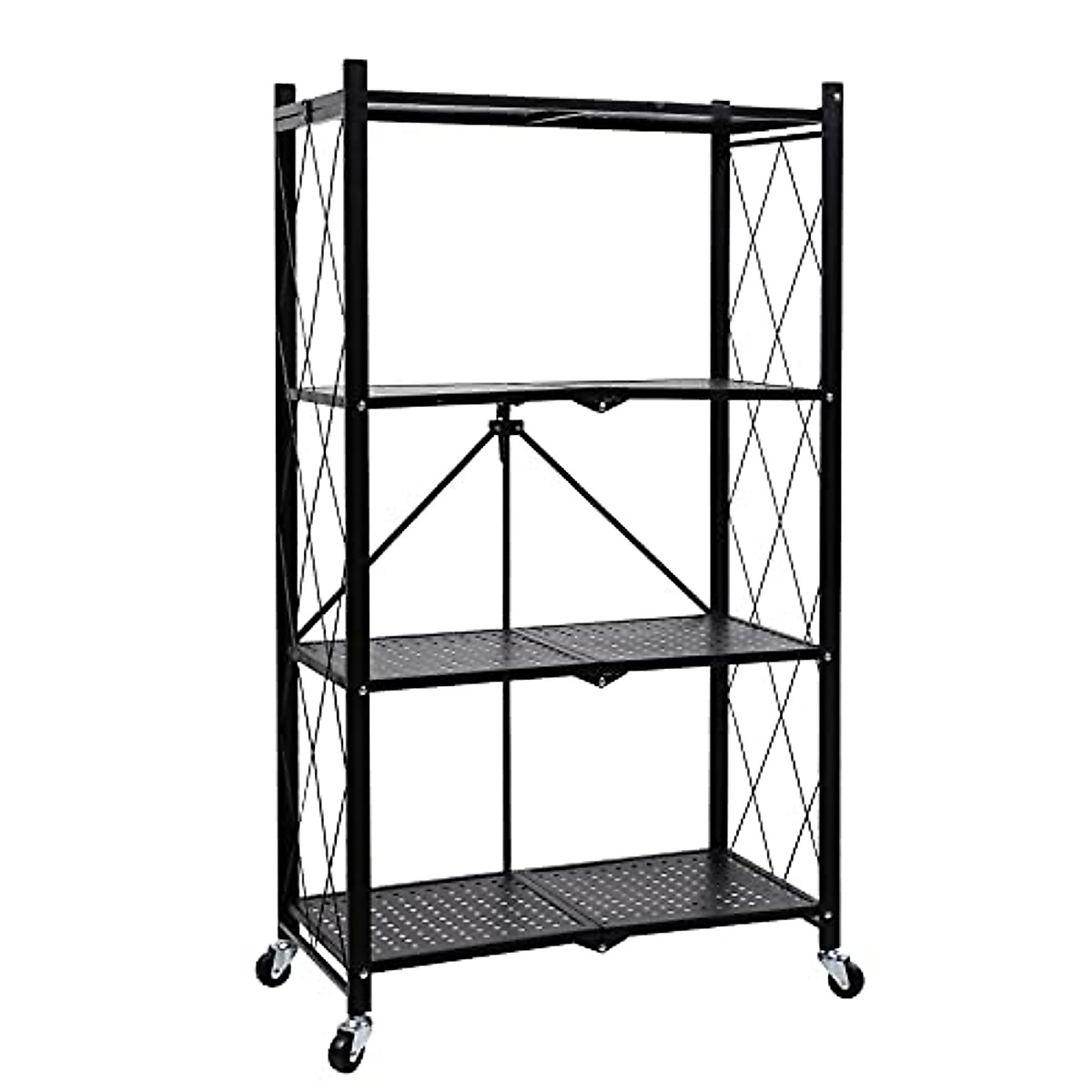 Simple Deluxe 4-Tier Heavy Duty Foldable Metal Rack Storage Shelving Unit with Wheels Moving Easily Organizer Shelves Great for Garage Kitchen Holds up to 1000 lbs Capacity, Black, 1-Pack