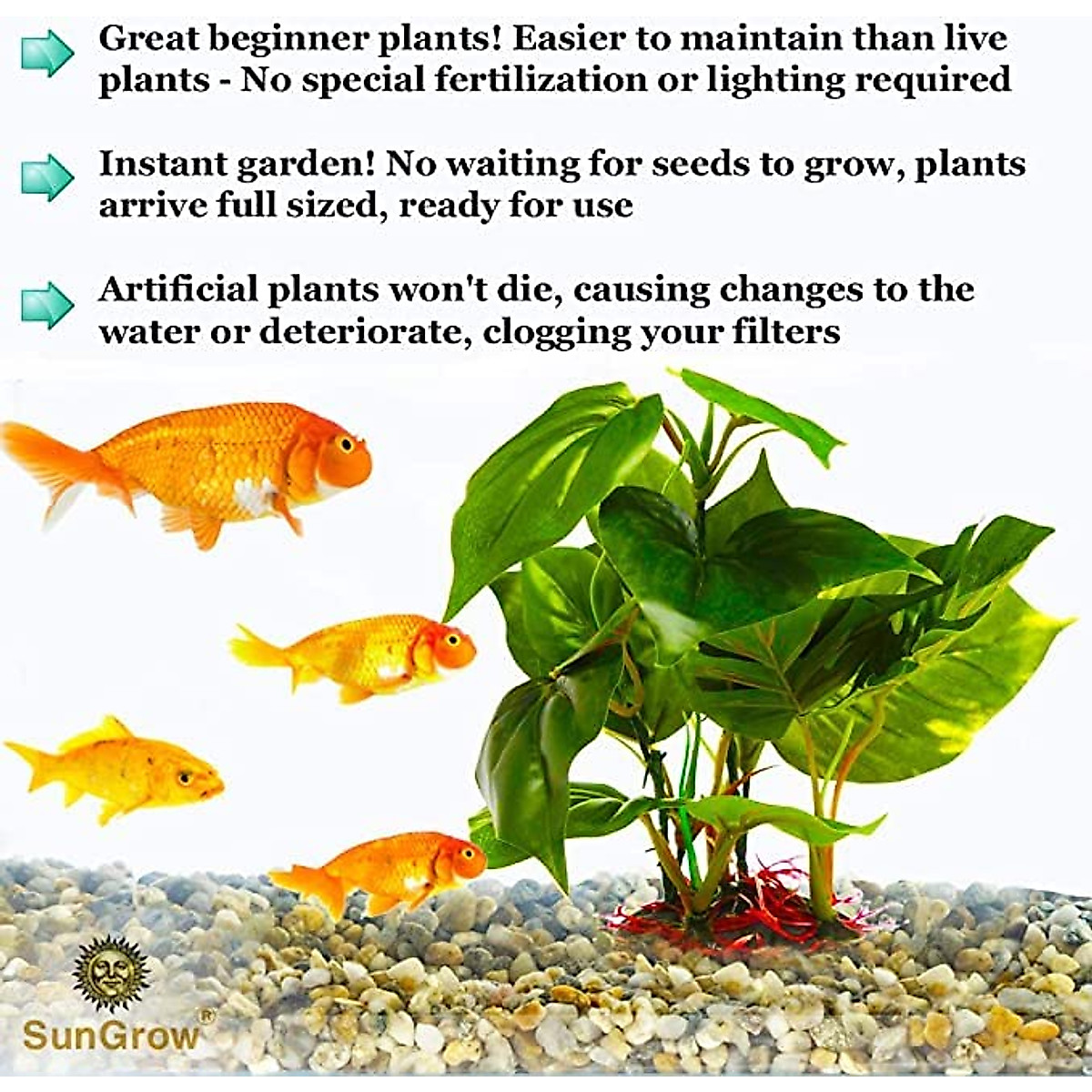 SunGrow 10" Plastic Leaf Plant, Heavy-Duty Ceramic Base, Hiding Spot for Fish, Betta, Angelfish, Gold Fish, Frog, Python, Reptiles, Amphibians