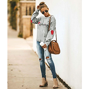 BLANCHES Christmas Sweatshirts for Women Believe Sweatshirt Funny Reindeer Snowman Xmas Holiday Long Sleeves Pullover Tops Grey