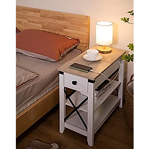 Awescuti Narrow End Table with Charging Station Farmhouse Slim Side Table with USB Ports and Power Outlets, Nightstand with Flip Top and Storage Drawer, for Small Spaces Living Room Bedroom, White