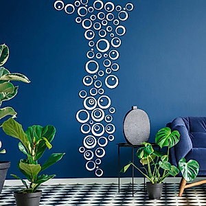 72 Pieces Removable Round Circle Wall Sticker Decal Silver Acrylic Mirror Setting Adhesive Circlle Mirror Stickers for Home Living Room Bedroom Bathroom Office Decor, 5-13.5 cm