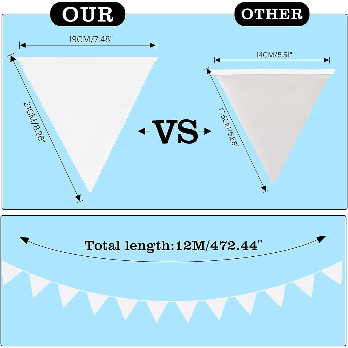 GCQQ 40Ft White Pennant Flags Banner, Soft Fabric Bunting Banner, 42pcs Large Pennant Flags Banner for Anniversary, Engagement, Wedding Baby Bridal Shower Party Decorations