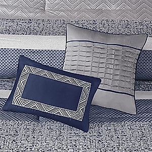 Madison Park Luxury Comforter Set-Traditional Jacquard Design All Season Down Alternative Bedding, Matching Bedskirt, Decorative Pillows, Queen(90"x90"), Rhapsody, Geometric Navy 7 Piece
