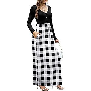 GRECERELLE Women's Long Sleeve Casual V Neck Plain Floral Print Maxi Dresses with Pockets Long Dress