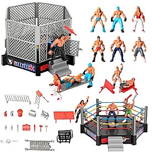32Pcs Wrestling Toys for Kids, Wrestlers Playset with 12 Wrestling Action Figures, 2 Wrestling Rings, Many Realistic Accessories, Toy Figures & Playset Gift for 2 3 4 5 6 Boys Girls, Cool Cake Toppers
