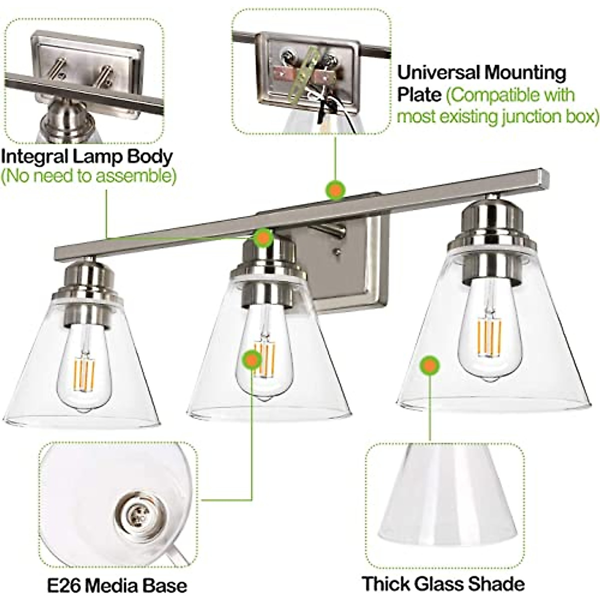 hykolity 3-Light Bathroom Light, Brushed Nickel Vanity Light Fixtures, Bathroom Wall Sconce Lighting with Clear Glass Shades, ETL Listed (Bulb not Included)