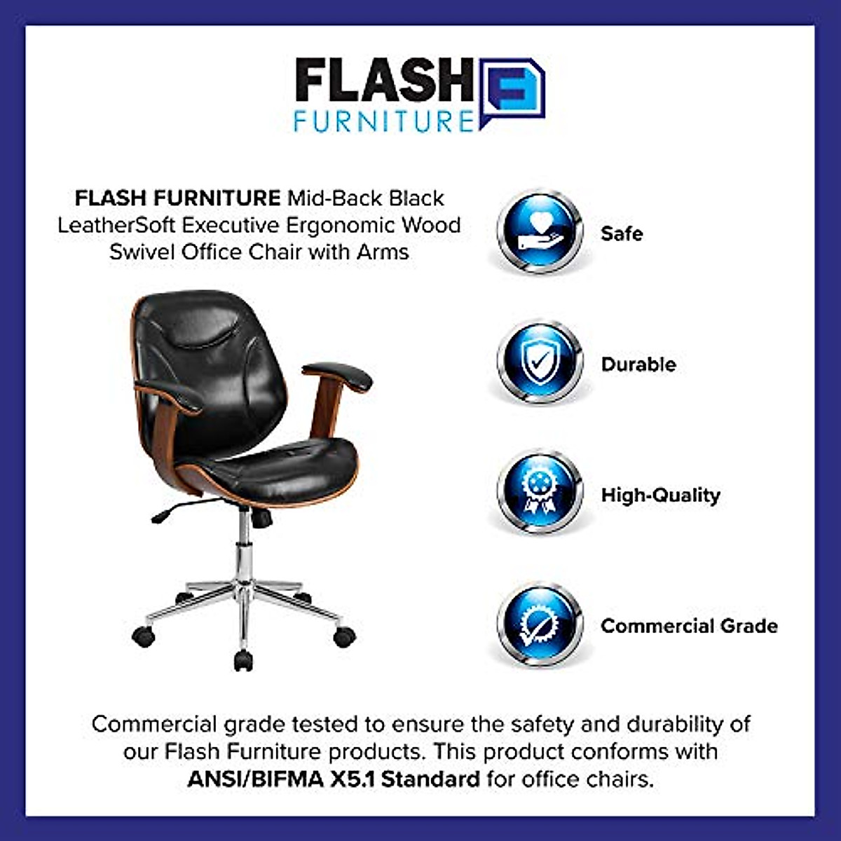 Flash Furniture Tansia Mid-Back Black LeatherSoft Executive Ergonomic Wood Swivel Office Chair with Arms